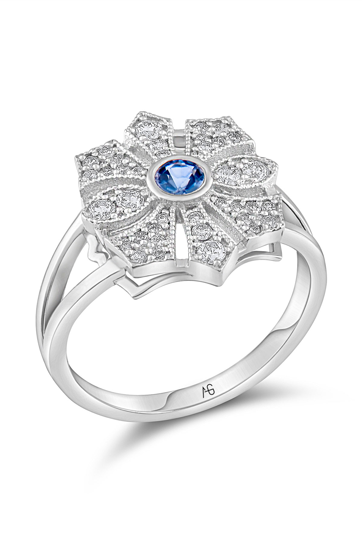 Altın Çiçek Model Safir Taşlı Pırlanta Yüzük - Aslı Gold